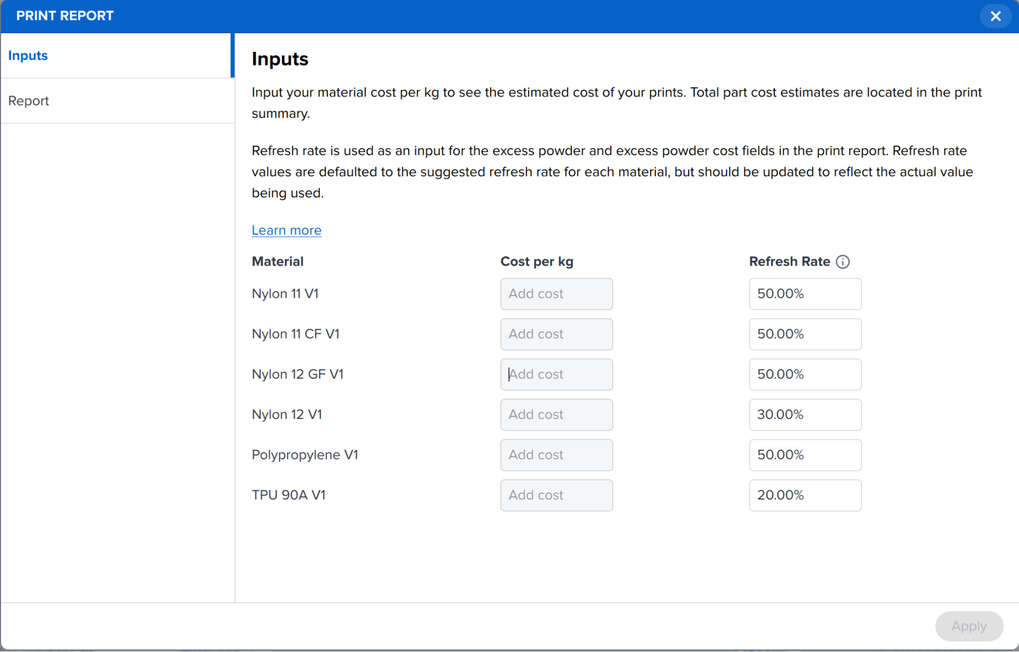 Using the Print Report panel in PreForm (SLS)